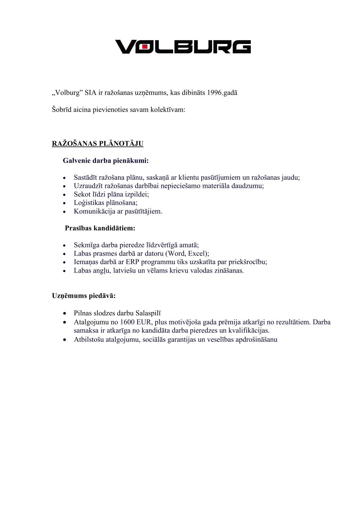 Vakance - RAŽOŠANAS PLĀNOTĀJS/-A, Rīga, Rīgas rajons, Volburg SIA | CV ...